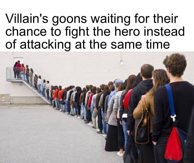 Villain's goons waiting for their chance to fight the hero instead of ...