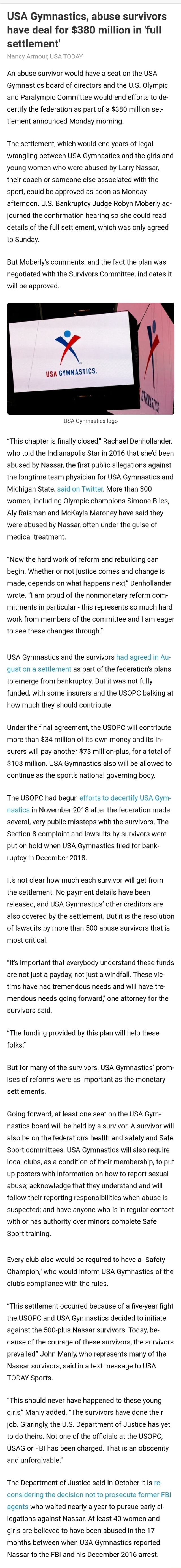 USA Gymnastics, abuse survivors have deal for $380 million in 'full ...