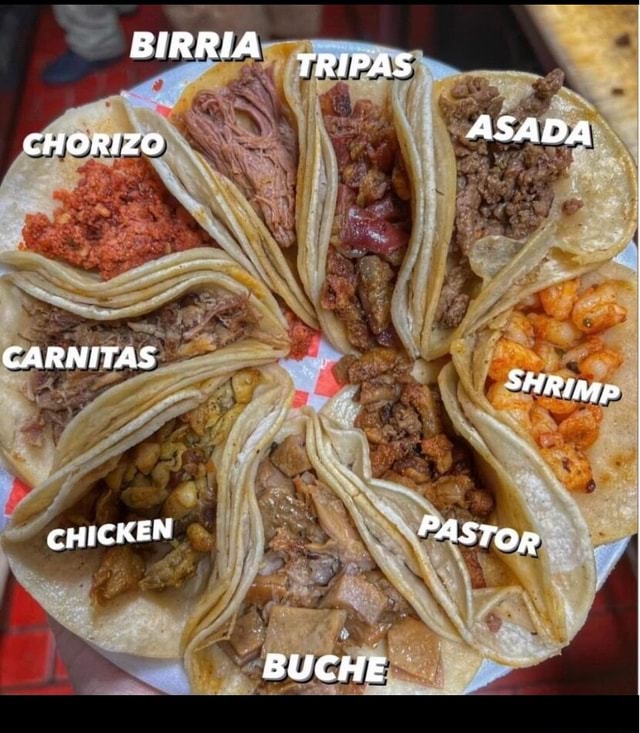 BIRRIA TRIPAS CHORIZO ASADA CARNITAS SHrimp CHICKEN PAsTOR BUCHE - iFunny