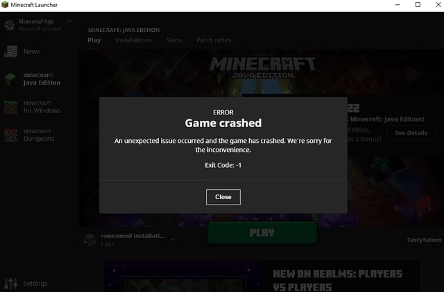 Minecraft Launch ERROR Game crashed An unexpected issue occurred and ...