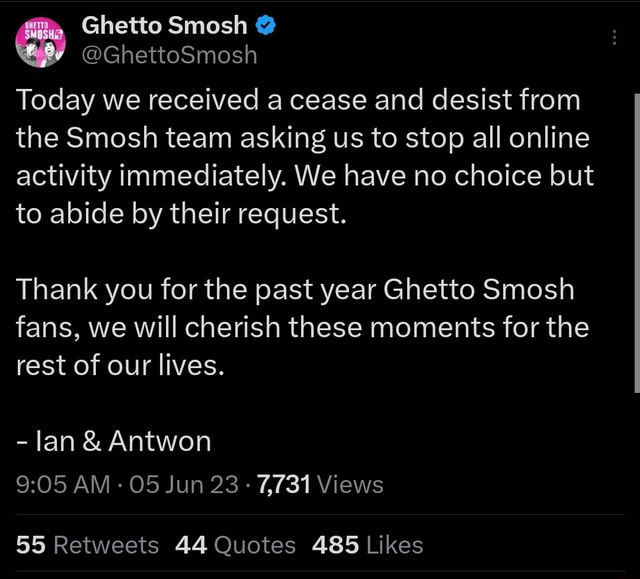Ghetto Smosh @ @GhettoSmosh Today we received a cease and desist from ...