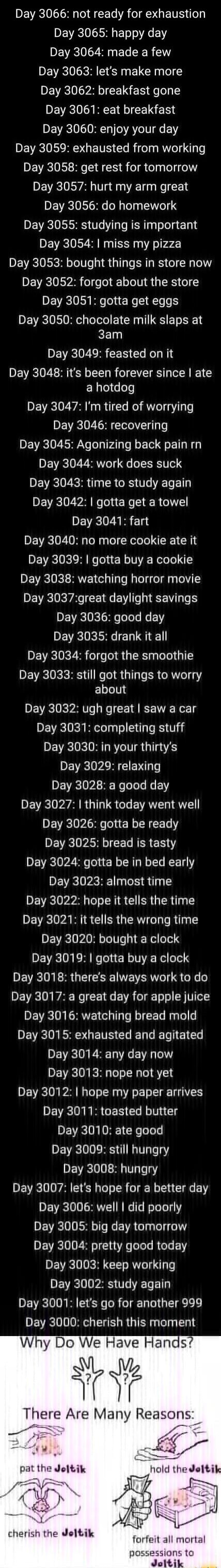 Day 3066: not ready for exhaustion Day 3065: happy day Day 3064: made a ...