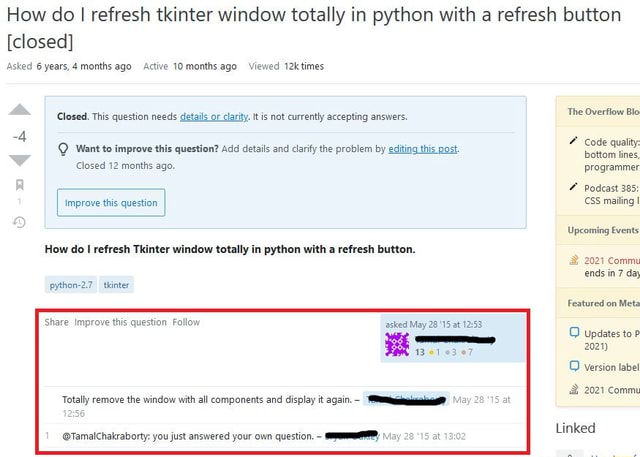 How do I refresh tkinter window totally in python with a refresh button ...
