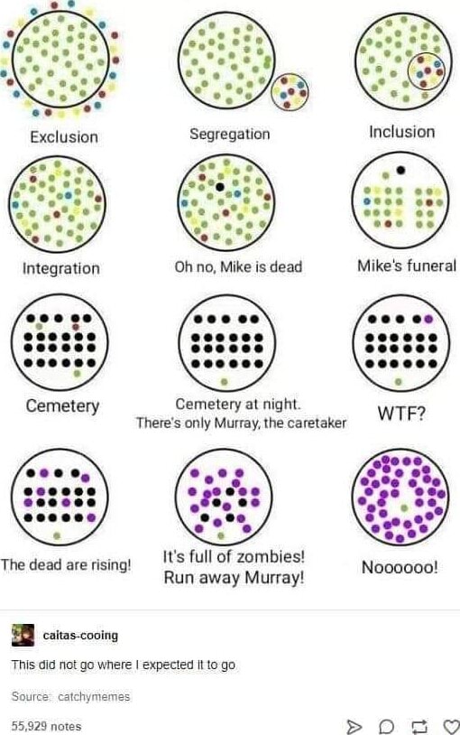 Exclusion Segregation Inclusion Integration Oh no, Mike is dead Mike's ...
