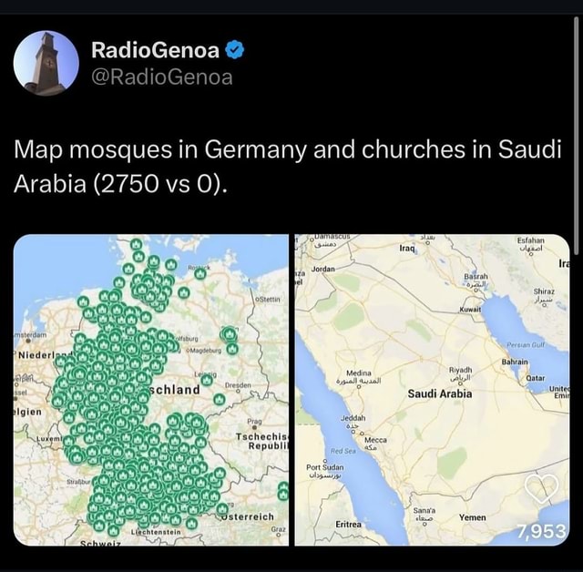 Map mosques in Germany and churches in Saudi Arabia (2750 vs 0). Kuwait ...