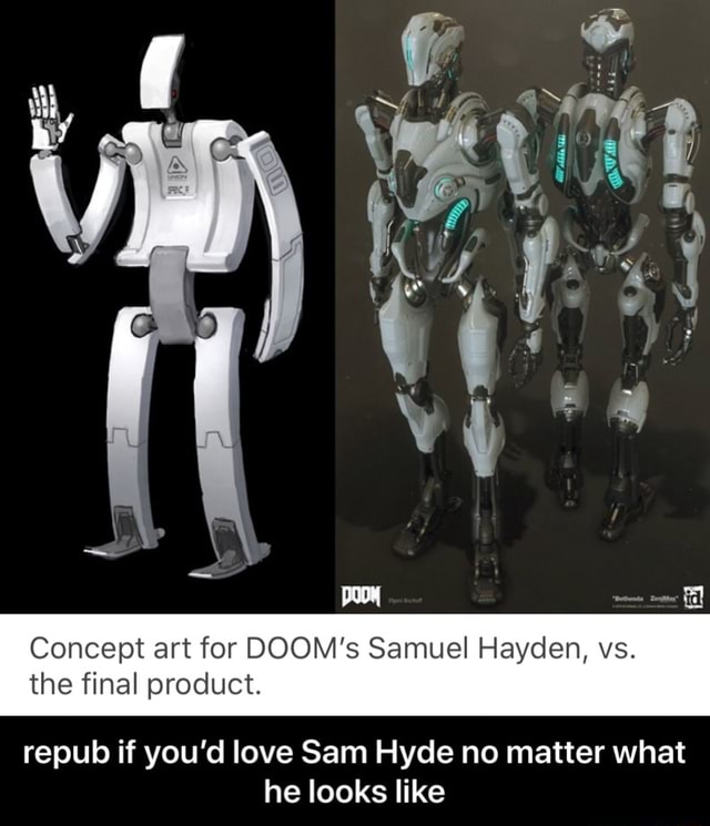 Concept art for DOOM’s Samuel Hayden, vs. the final product. repub if ...