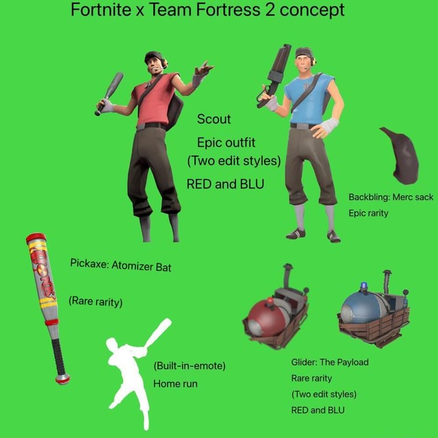 Fortnite x Team Fortress 2 concept Scout Epic outfit (Two edit styles) RED and BLU Backbling ...