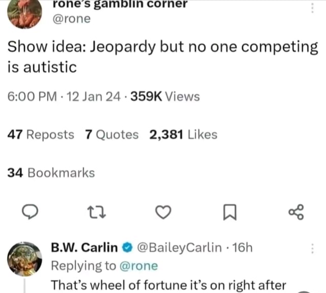 Show idea: Jeopardy ut no one competing is autistic PM 12 Jan 24 - 359K ...