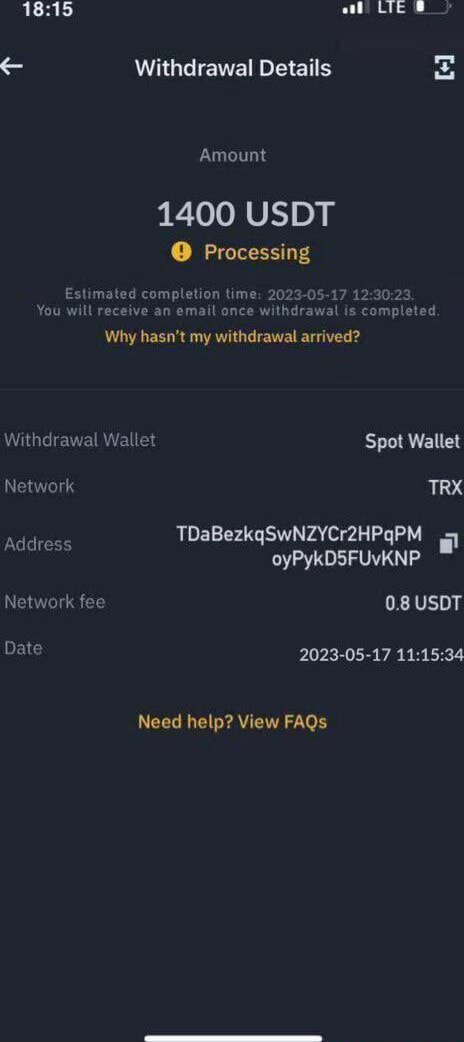 LIE Withdrawal Details Amount 1400 USDT @ Processing completion tim an ...