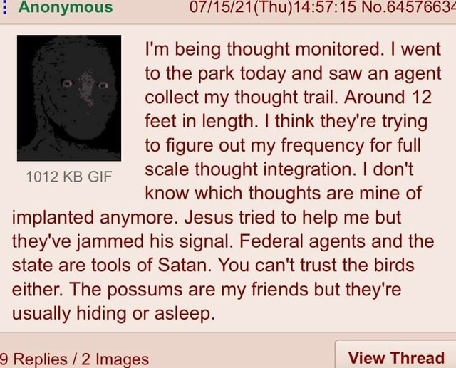 : Anonymous I'm being thought monitored. I went to the park today and ...