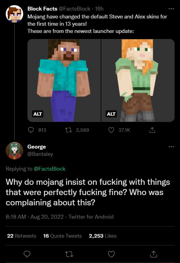 Block Facts @FactsBlock - Mojang have changed the default Steve and ...