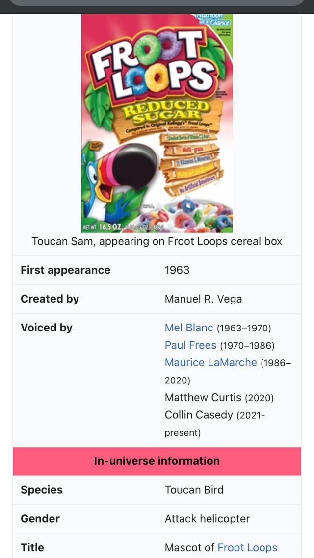 Toucan Sam, appearing on Froot Loops cereal box First appearance 1963 ...