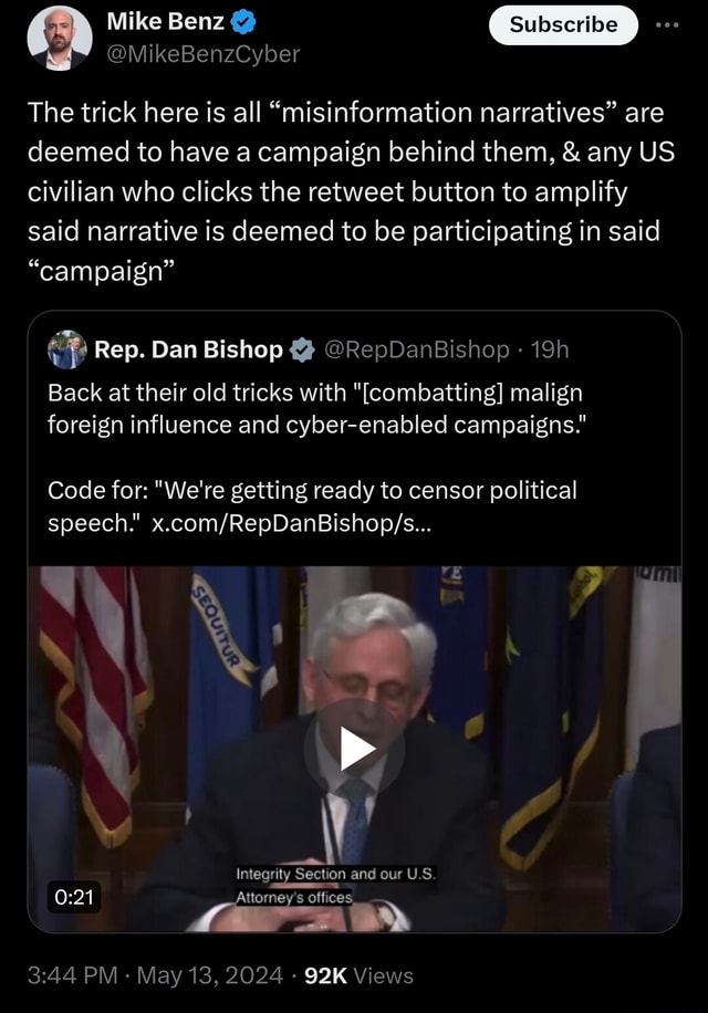 Mike Benz Subscribe The trick here is all "misinformation narratives ...