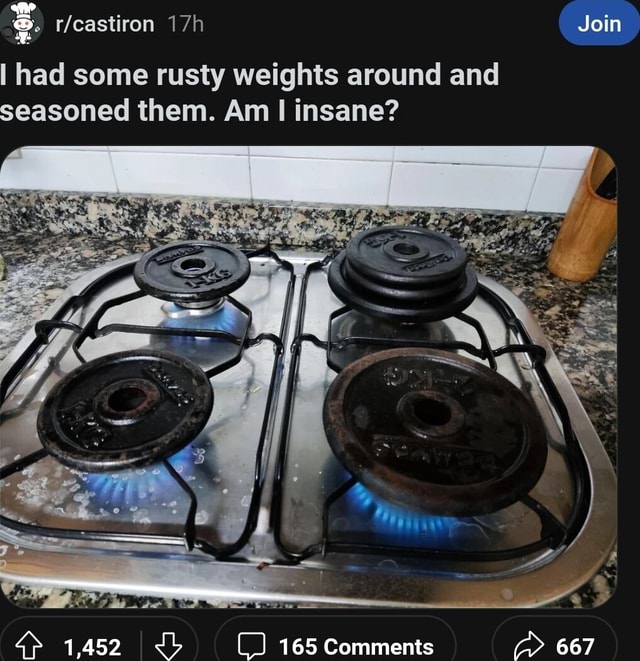 Join I had some rusty weights around and seasoned them. Am I insane ...