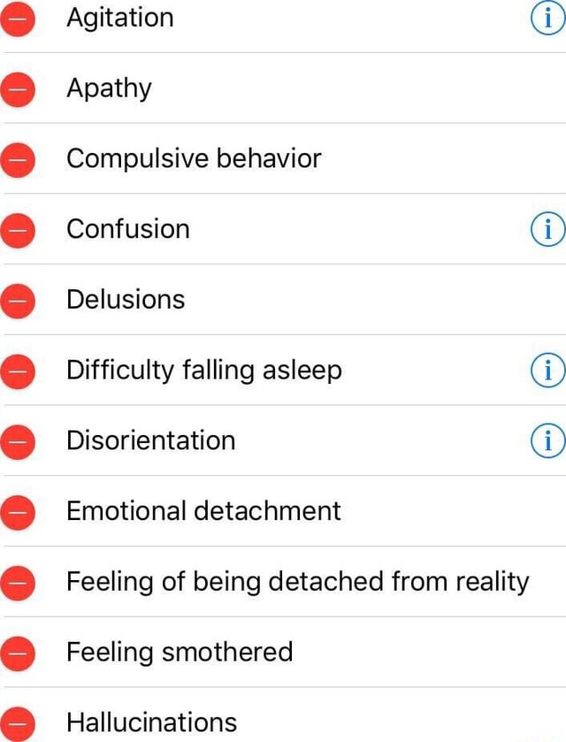 Agitation Apathy Compulsive behavior Confusion Delusions Difficulty ...