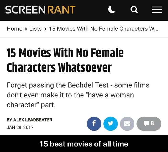 SCREEN RANT Home > Lists 15 Movies With No Female Characters W 15 Movies With No Female ...