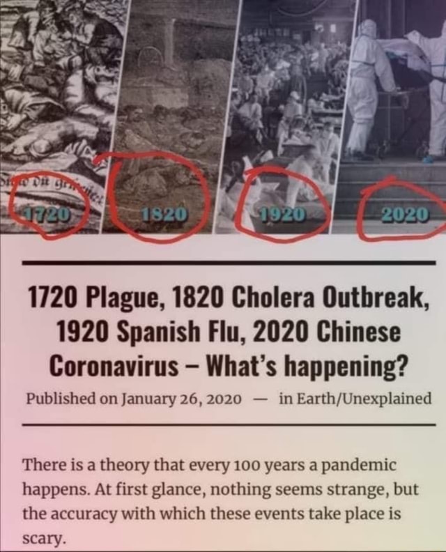 1720 Plague, 1820 Cholera Outbreak, 1920 Spanish Flu, 2020 Chinese ...