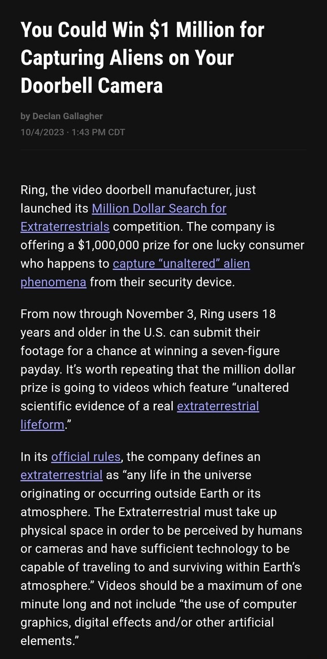 You Could Win $1 Million for Capturing Aliens on Your Doorbell Camera ...