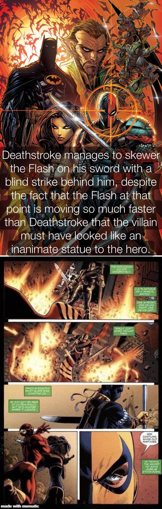 Deathstroke manages to skewer the Flash on his sword with a blind ...