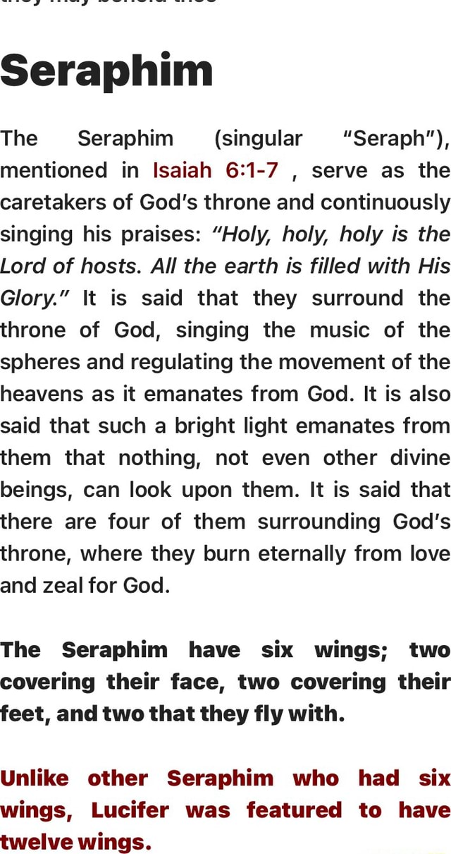 Seraphim The Seraphim (singular "Seraph"), mentioned in Isaiah , serve ...