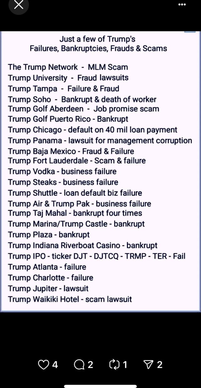Just a few of Trump's Failures, Bankruptcies, Frauds & Scams The Trump ...