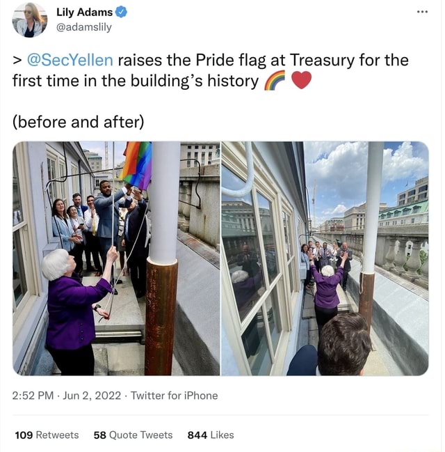 Lily Adams @ @adamslily > @SecYellen raises the Pride flag at Treasury ...
