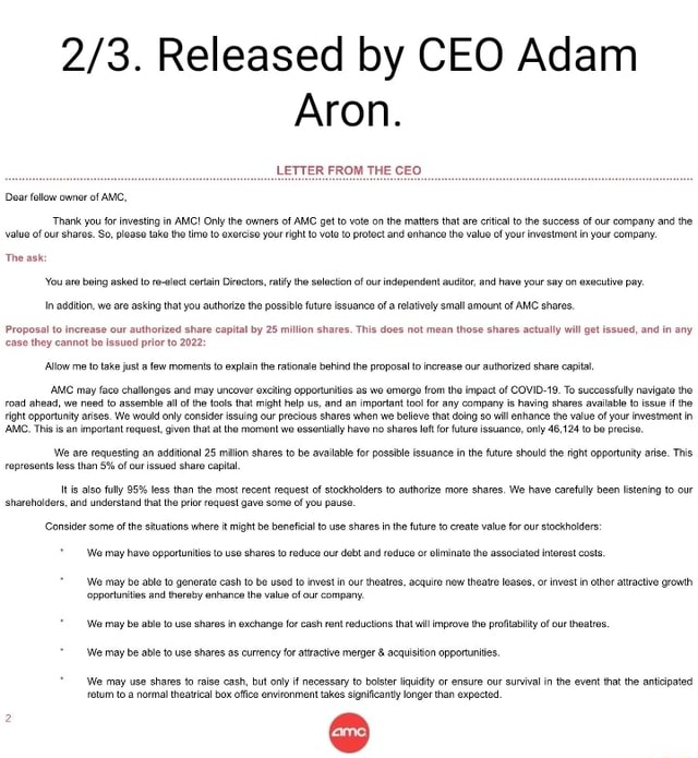 Released by CEO Adam Aron. LETTER FROM THE CEO ear fellow owmer of AMC ...