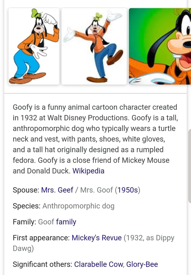 Goofy is a funny animal cartoon character created in 1932 at Walt ...