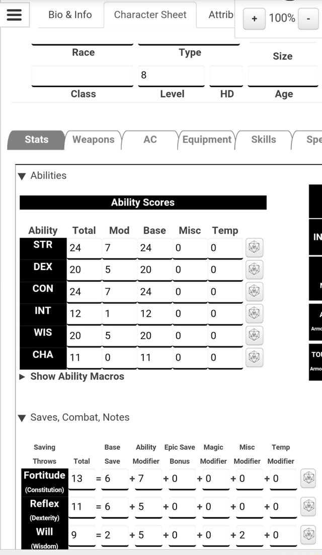 Bio & Info Race Class Weapons Abilities Character Sheet Attrib + 100% ...