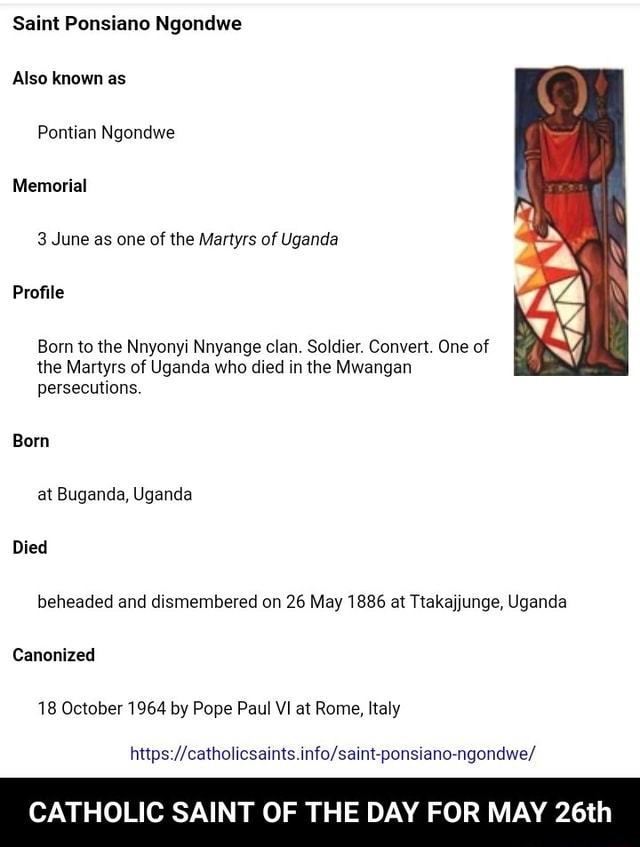 Saint Ponsianc Ngondwe Also known as Pontian Ngondwe Memorial June as ...