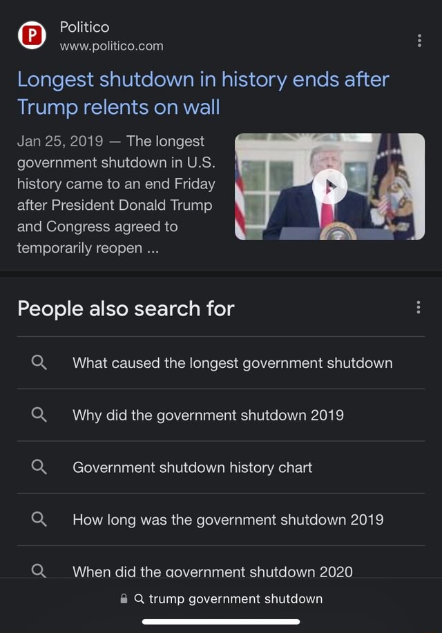 Politico Longest shutdown in history ends after Trump relents on wall Jan 25, 2019 - The longest ...