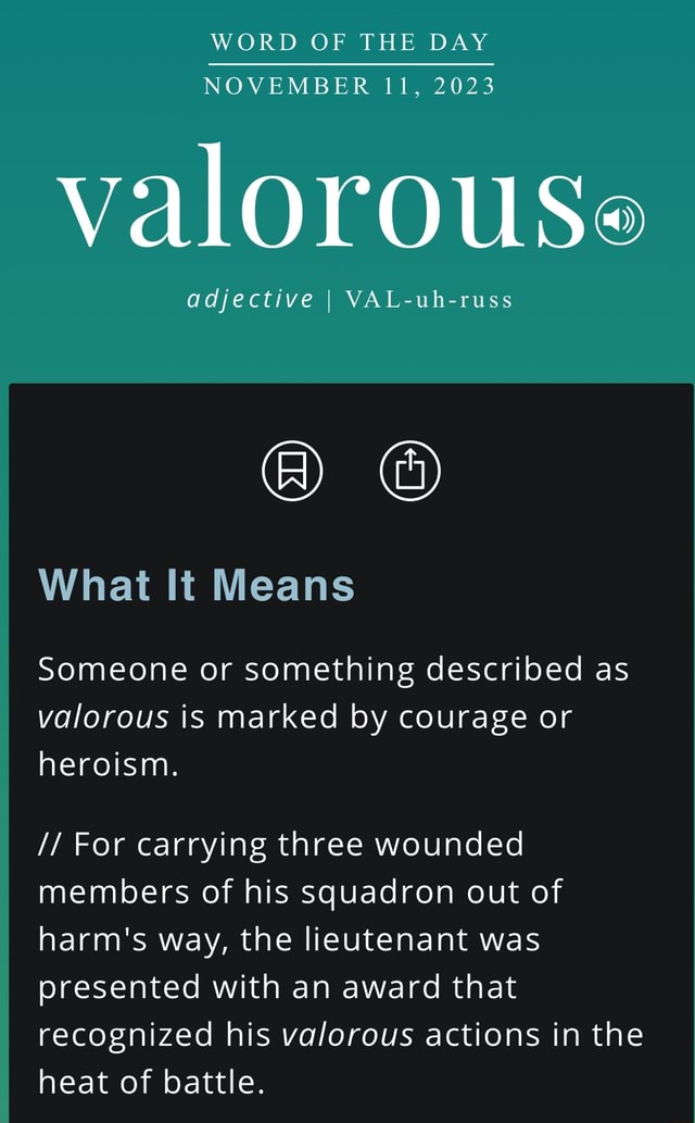 WORD OF THE DAY NOVEMBER 11, 2023 valorouse adjective I VAL-uh-russ ...