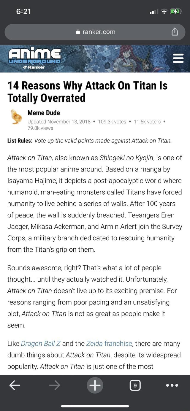 Anime Ranker 14 Reasons Why Attack On Titan Is Totally Overrated Meme ...