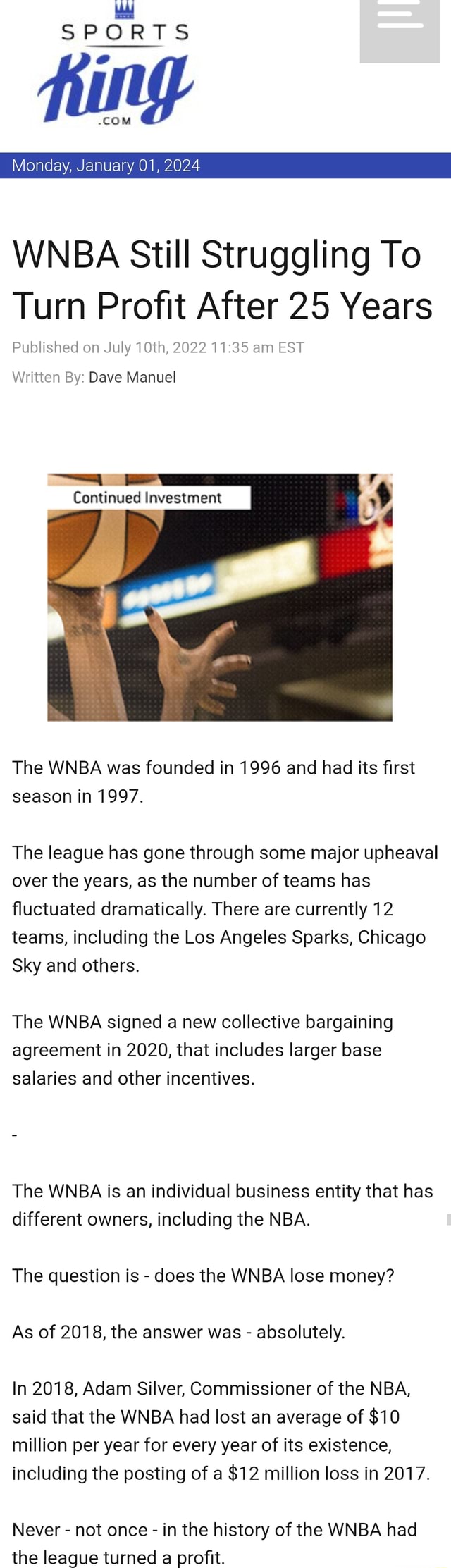SPORTS -COM Monday, January 01, 2024 WNBA Still Struggling To Turn ...