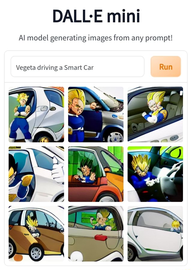 Mini Al model generating images from any prompt! Vegeta driving a Smart ...
