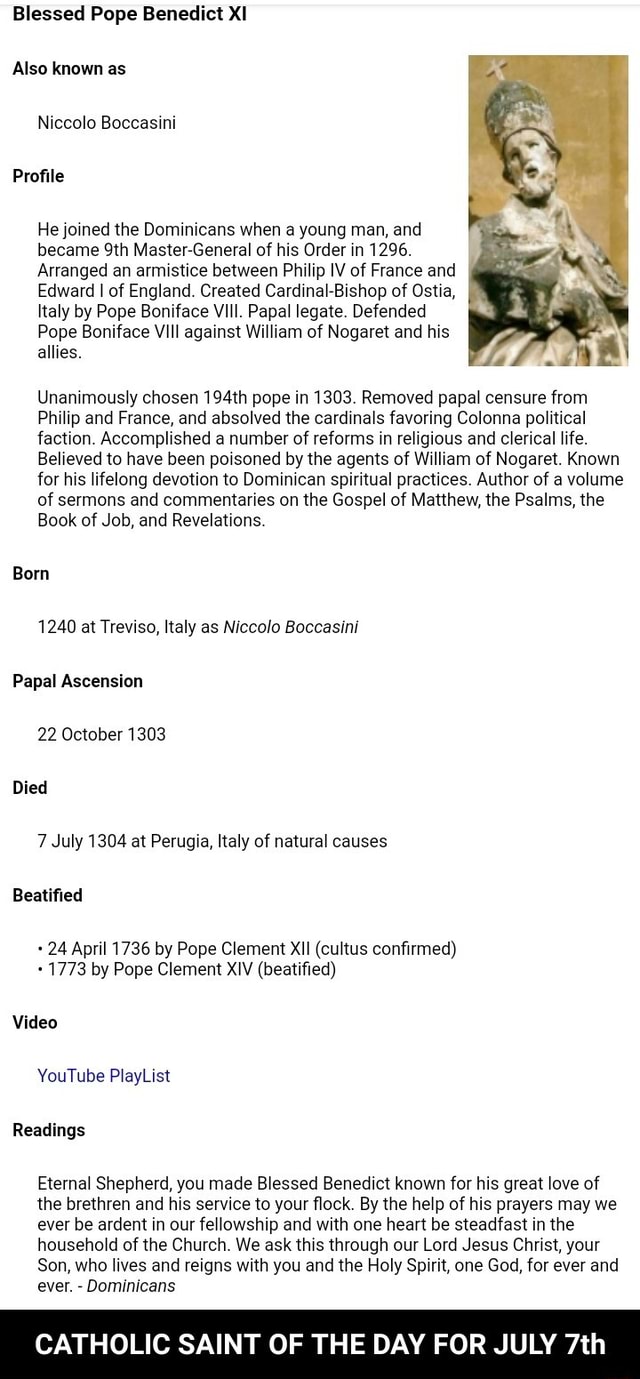 Blessed Pope Benedict XI Also known as Niccolo Boccasini Profile He ...