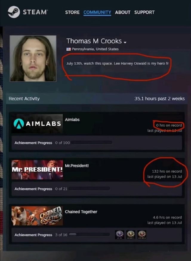 STEAM STORE COMMUNITY ABOUT SUPPORT Thomas M Crooks ~ Pennsylvania ...