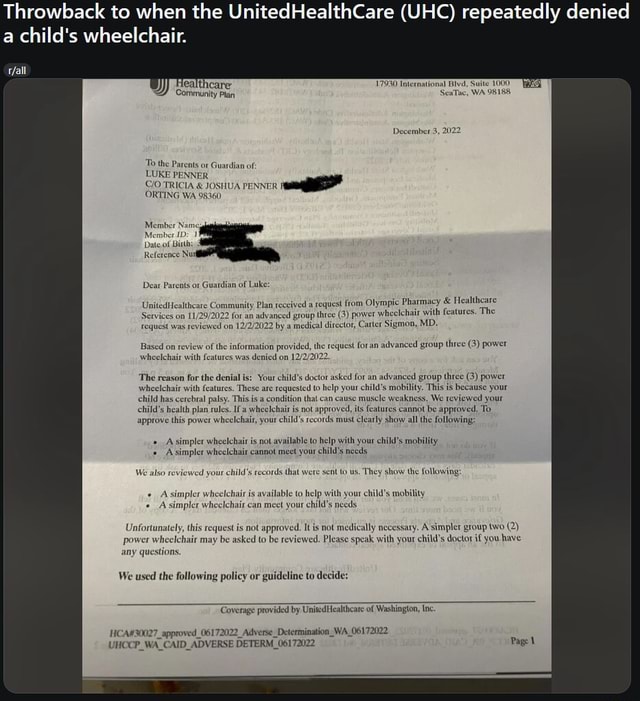 Throwback to when the UnitedHealthCare (UHC) repeatedly denied a child ...