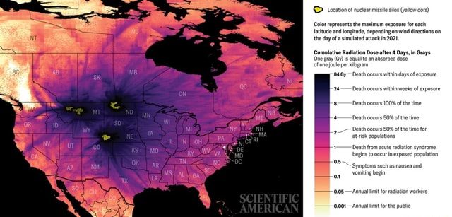 Location of nuclear missile silos (yellow dots) Color represents the ...