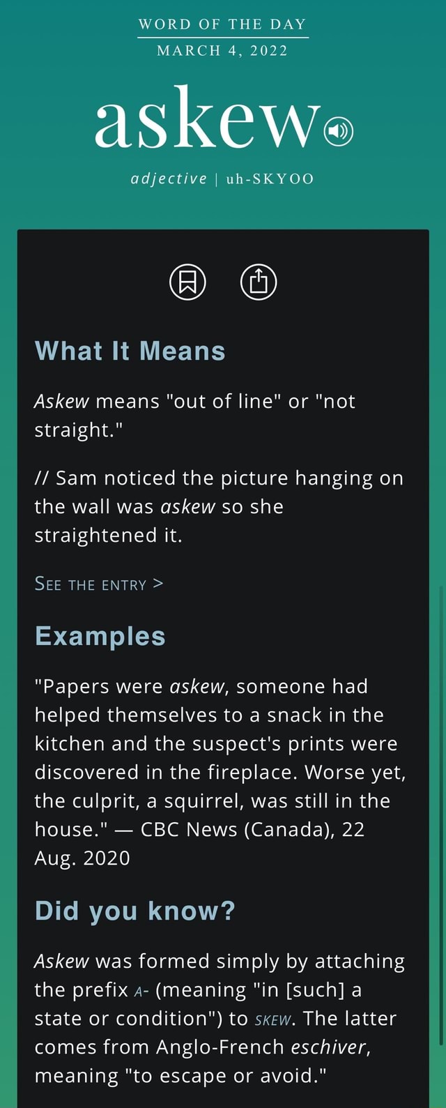 WORD OF THE DAY MARCH 4, 2022 askewe adjective I uh-SKYOO What It Means ...