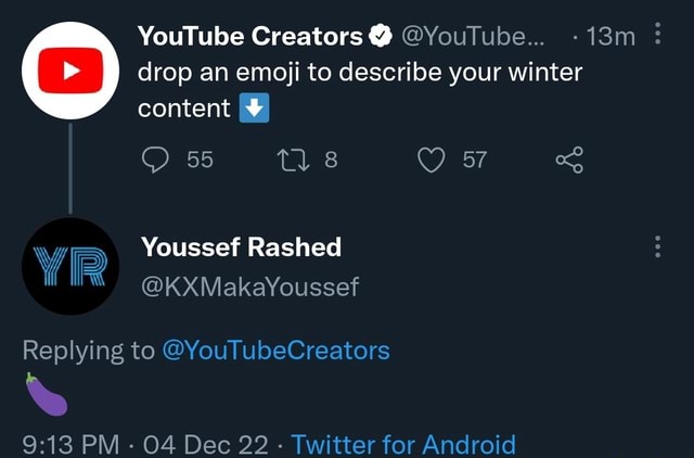 YouTube Creators @ @YouTube... : drop an emoji to describe your winter content 55 YR Youssef ...