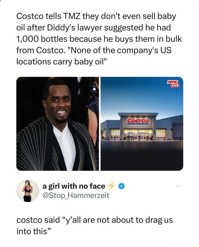 Costco tells TMZ they don't even sell baby oil after Diddy's lawyer suggested he had 1,000 ...