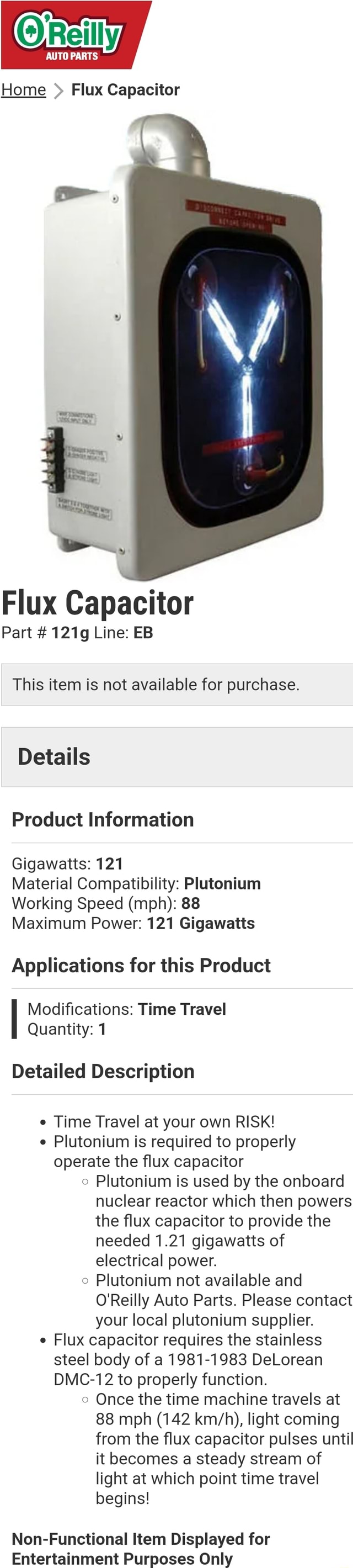 AUTO PARTS Home Flux Capacitor Flux Capacitor Part # 121g Line: EB This ...