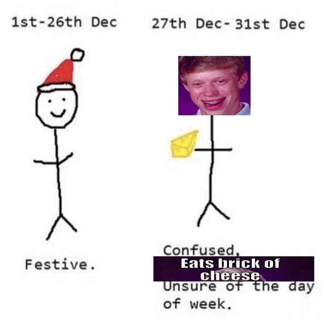 1st-26th Dec 27th Dec- 31st Dec Confused Festive. Eats brick of cheese ...