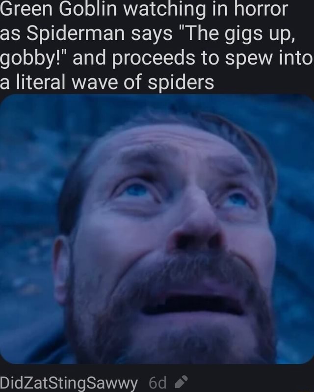 Green Goblin watching in horror as Spiderman says "The gigs up, gobby ...