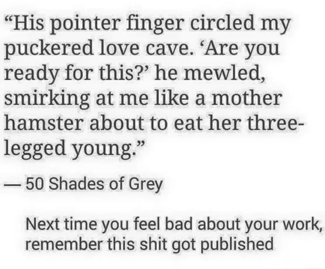 "His pointer finger circled my puckered love cave. 'Are you ready for ...