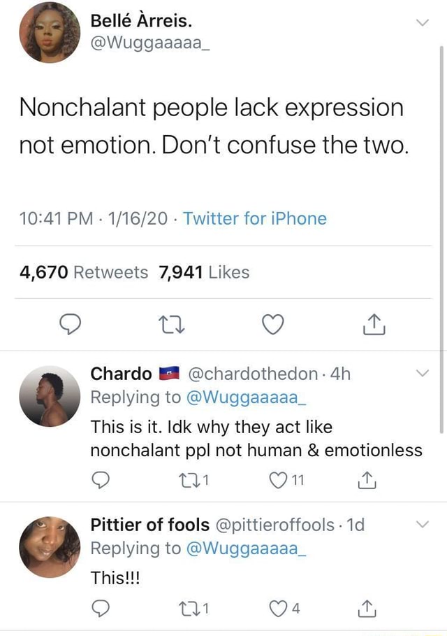 Nonchalant people lack expression not emotion. Don't confuse the two ...