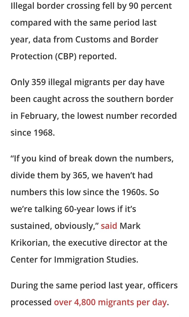 Illegal border crossing fell by 90 percent compared with the same ...