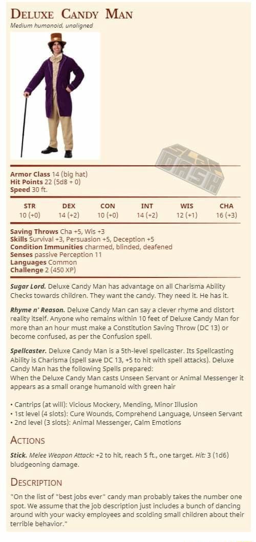 Detuxe Canpy Man Medium Humanoid Unaligned Armor Class 14 Big Hat Hit Points 22 0 Speed 30 