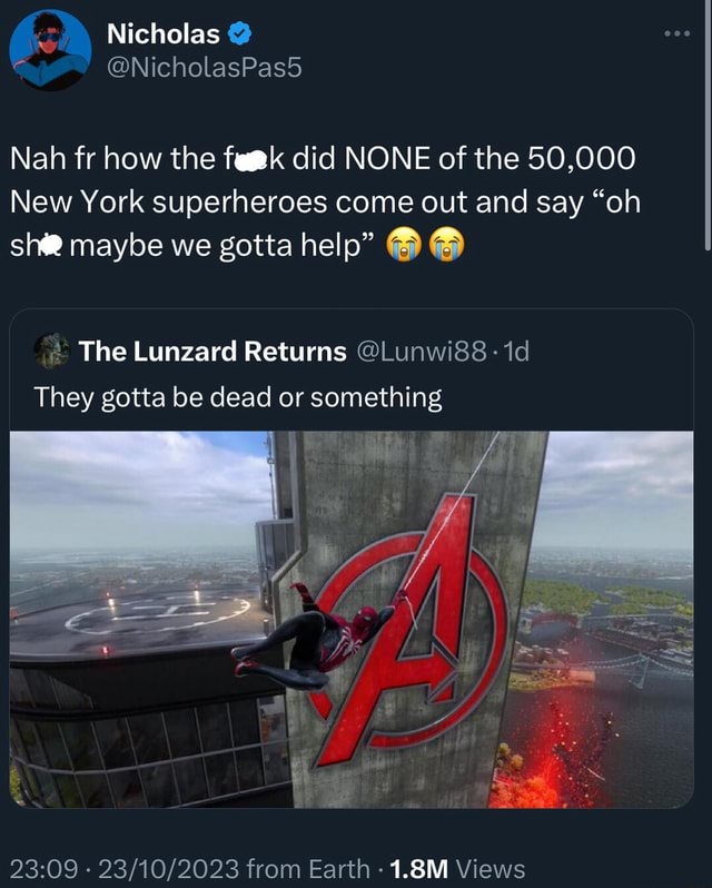 Nicholas @ Nah fr how the did NONE of the 50,000 New York superheroes ...
